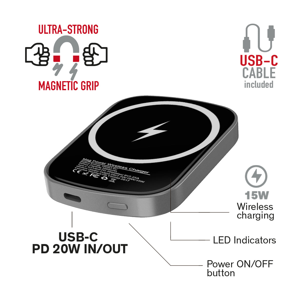 BAYKRON Compact Mag Power, Wireless Magnetic Charger 5000 mAh, USB-C P ...